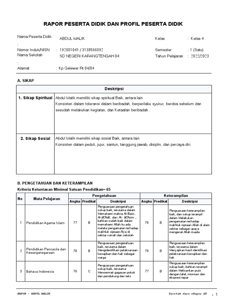 Rapor - Kelas 4 - 20221 | PDF