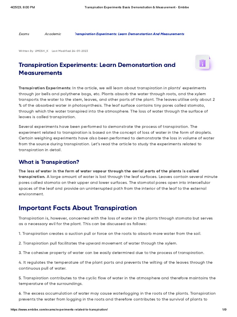 Transpiration Experiments Basis Demonstration & Measurement - Embibe ...