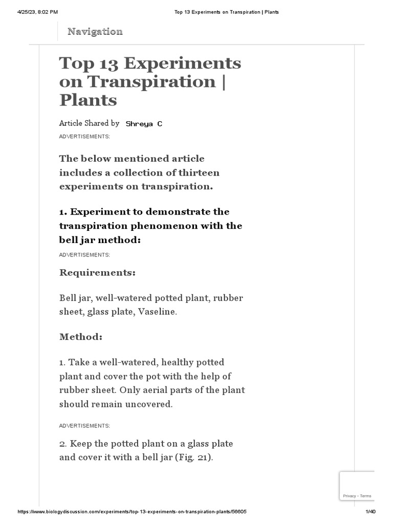 Top 13 Experiments On Transpiration - Plants | PDF | Stoma | Leaf