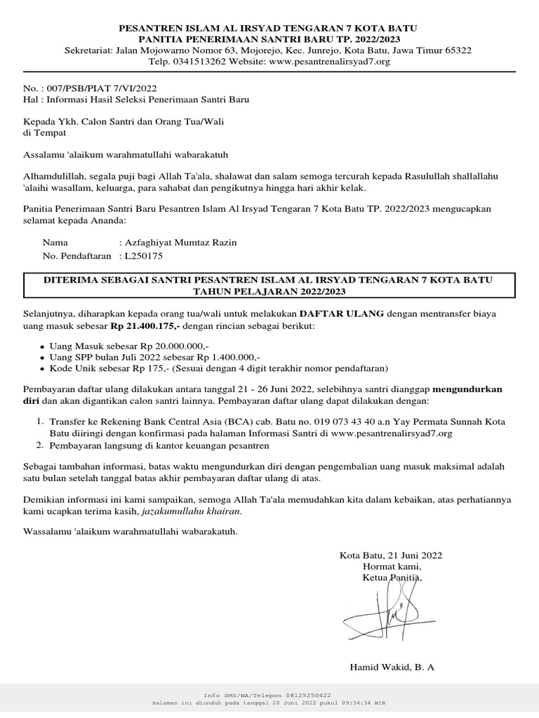 surat-pengumuman-seleksi-L250175 | PDF