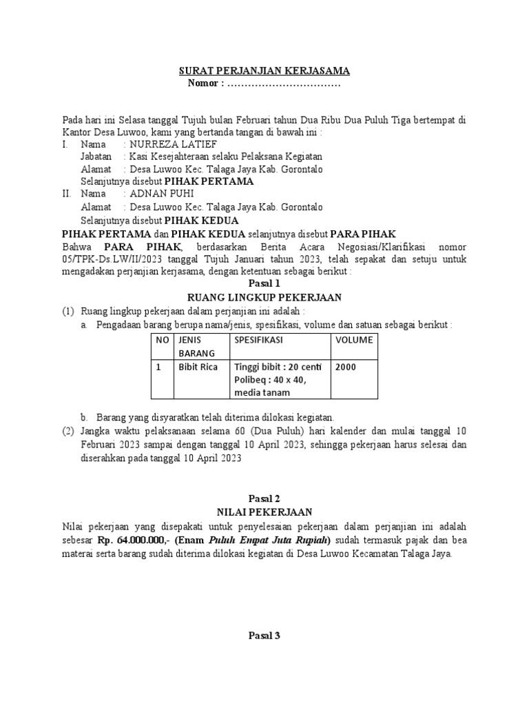 Surat Perjanjian Kerjasama Pdf