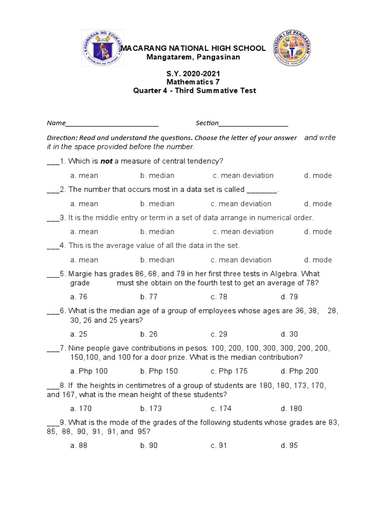 Q4 THIRD SUMMATIVE TEST Math 7 | PDF | Mean | Mode (Statistics) Q4 THIRD SUMMATIVE TEST Math 7 | PDF | Mean | Mode (Statistics)