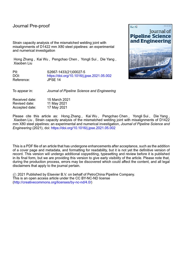 Journal Pre-Proof: Journal of Pipeline Science and Engineering | PDF ...
