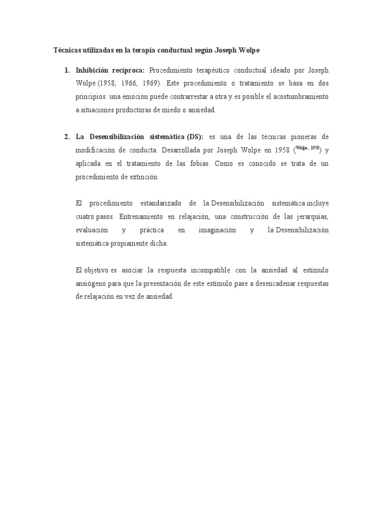 Técnicas utilizadas en la terapia conductual según Joseph Wolpe | PDF