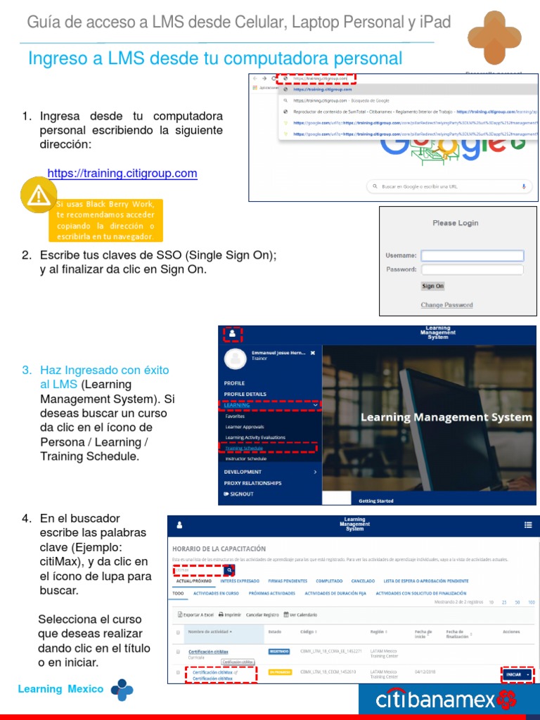Guía de Acceso A LMS Desde Celular Laptop Personal y Ipad | PDF