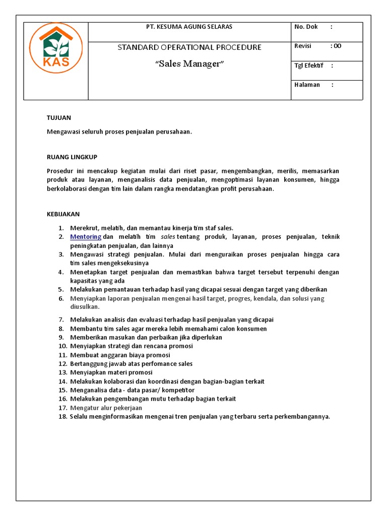 SOP Tugas Sales Manager PT. Kesuma Agung | PDF | Bisnis