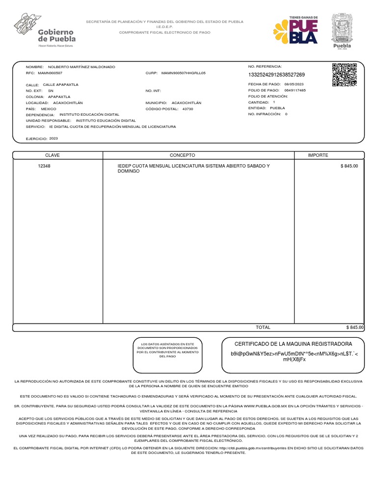 Comprobante fiscal electrónico de pago por cuota mensual de ...