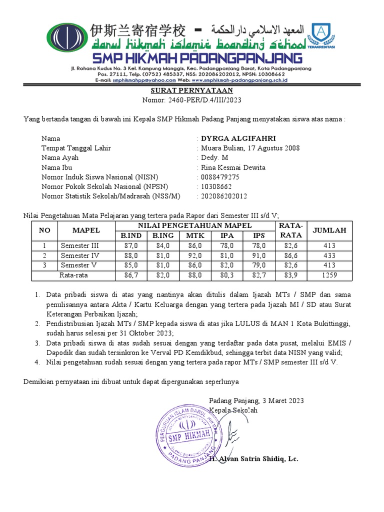Surat Pernyataan Kepala MTS-SMP 2023 Oke | PDF
