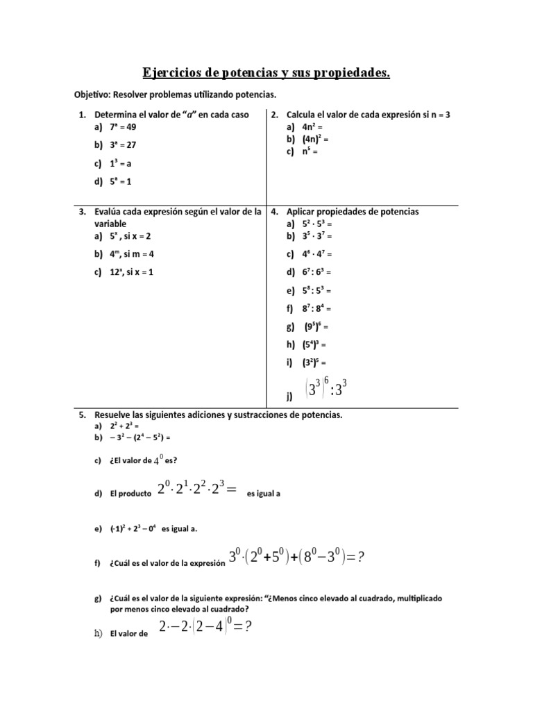 Ejercicios de Potencias y Sus Propiedades | PDF