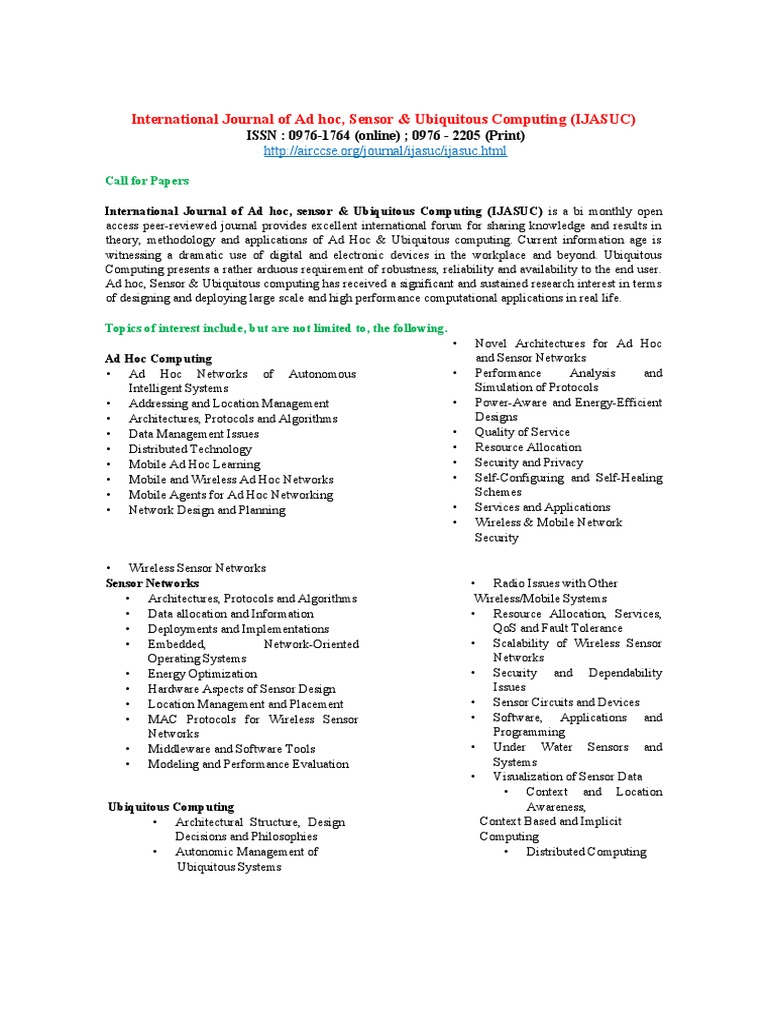 Call For Paper-International Journal of Ad Hoc, Sensor & Ubiquitous Computing (IJASUC) | PDF ...