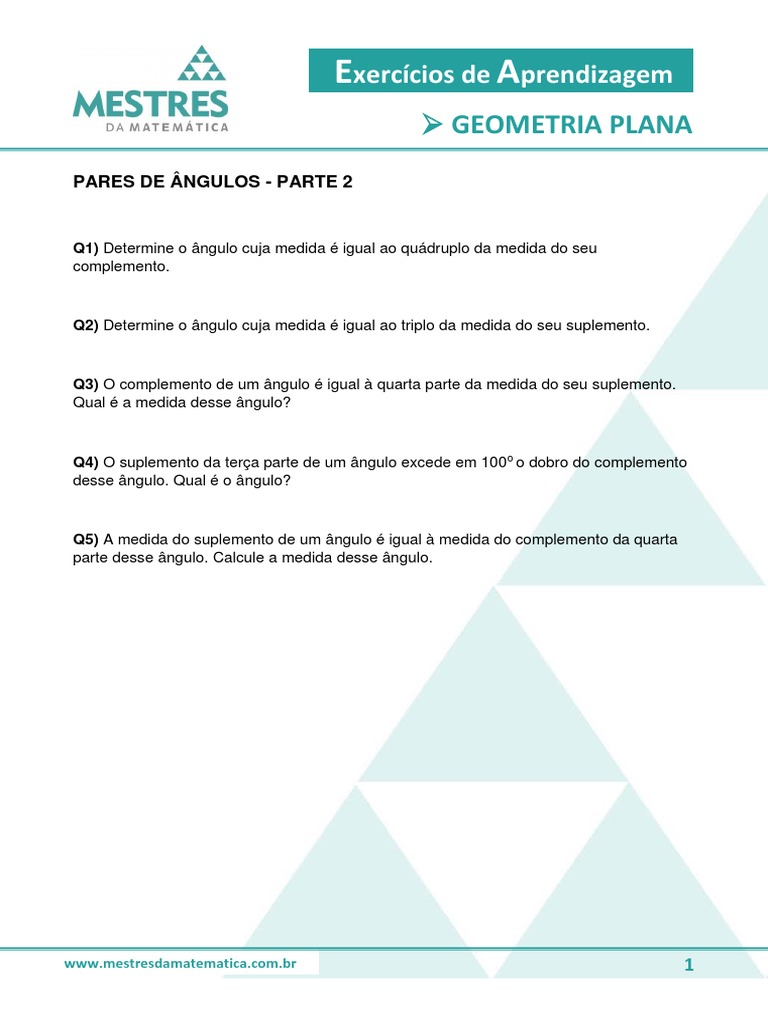 Exercícios sobre Ângulos e Complementos | PDF