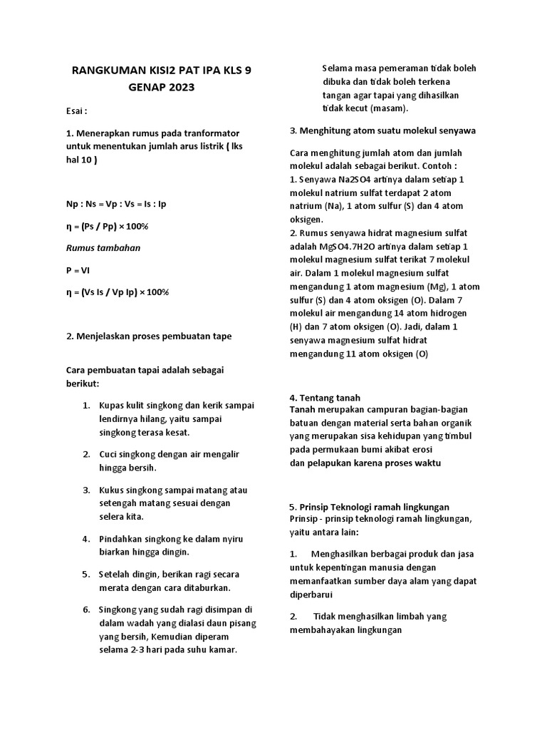 Rangkuman Kisi2 Pat Ipa Kls 9 GENAP 2023: Rumus Tambahan | PDF