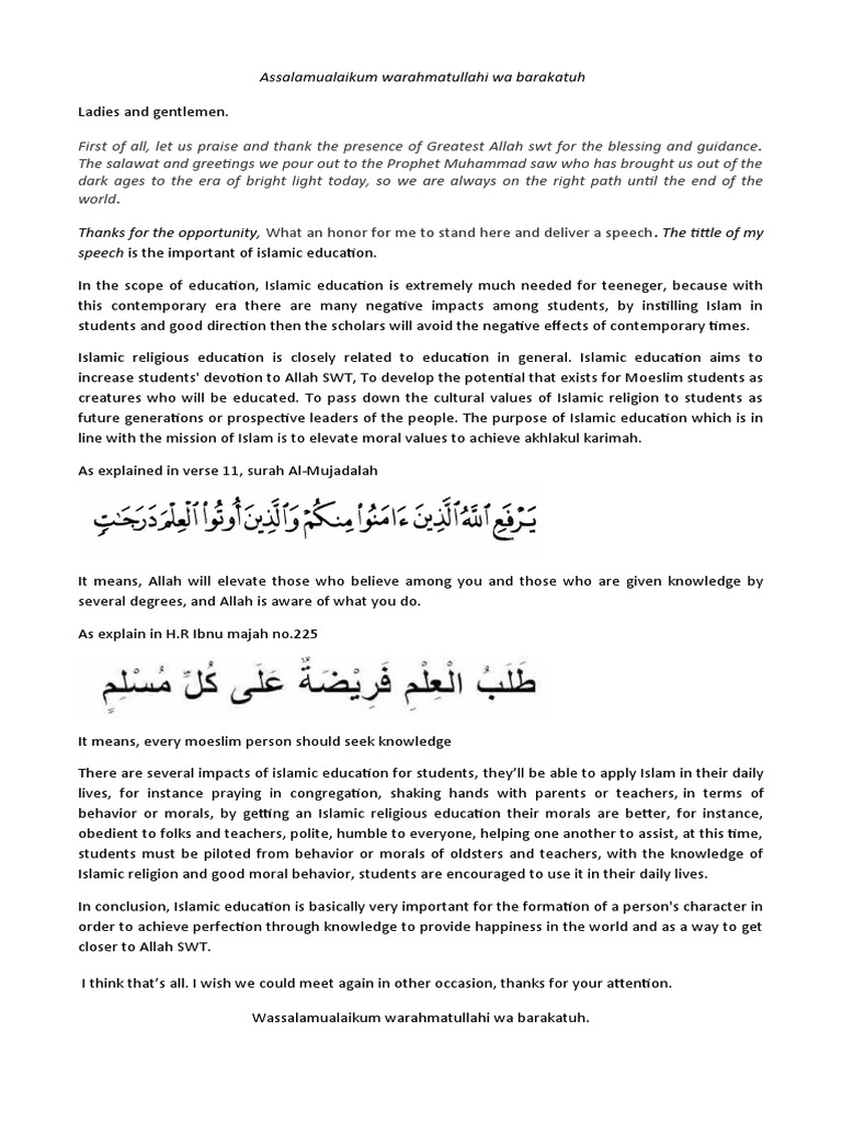 English Speech Important of Islamic Education | PDF | Knowledge | Abrahamic Religions