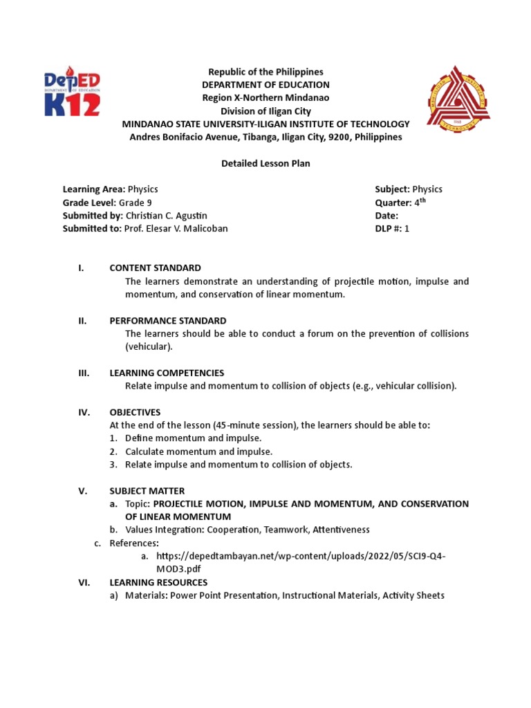 Grade 9 Lesson Plan: Impulse & Momentum | PDF | Momentum | Force