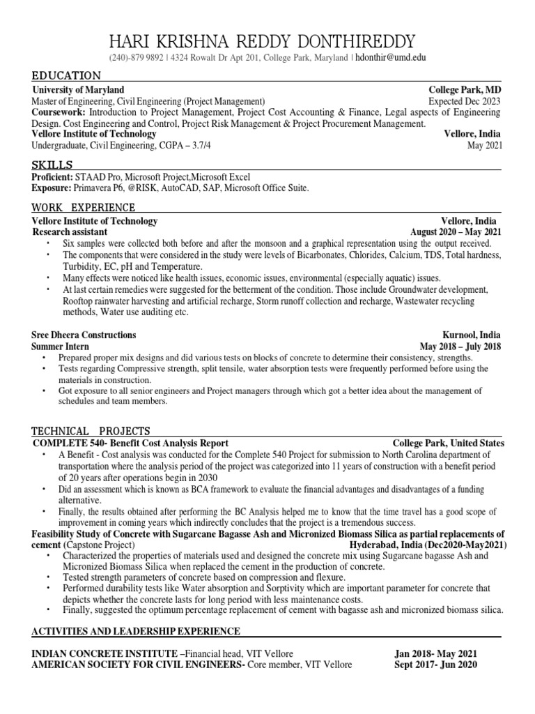 Hari Donthireddy Resume-3 | PDF | Concrete | Cement