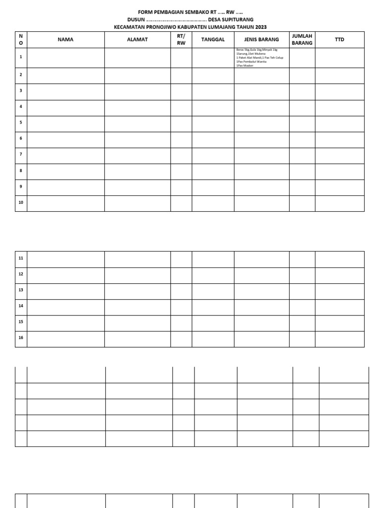 Form Pembagian Sembako RT | PDF