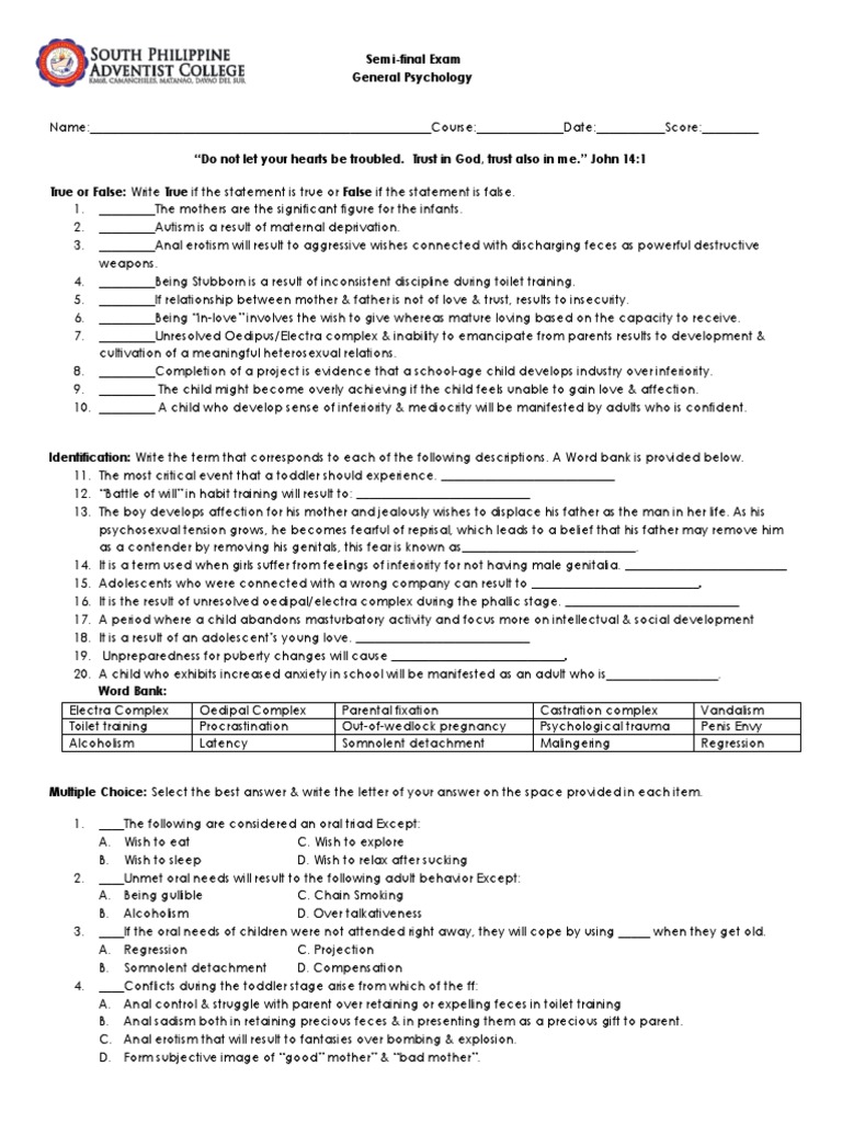 Psychology Semi-Final Exam | PDF | Oedipus Complex | Human Development