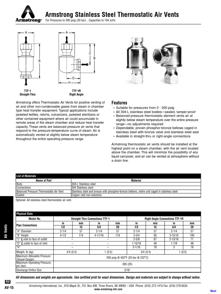 Armstrong Stainless Steel Thermostatic Air Vents | PDF | Pressure ...