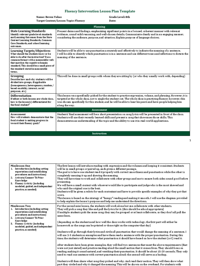 assessing and teaching fluency mini lesson template | PDF | Learning ...