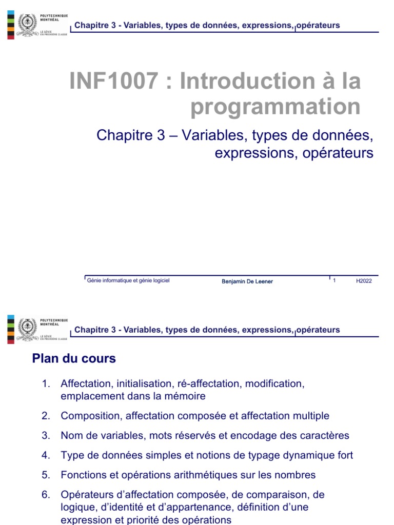 INF1007 Chapitre 3 PolyMtl | PDF | Variable (informatique) | Python (Langage de programmation)