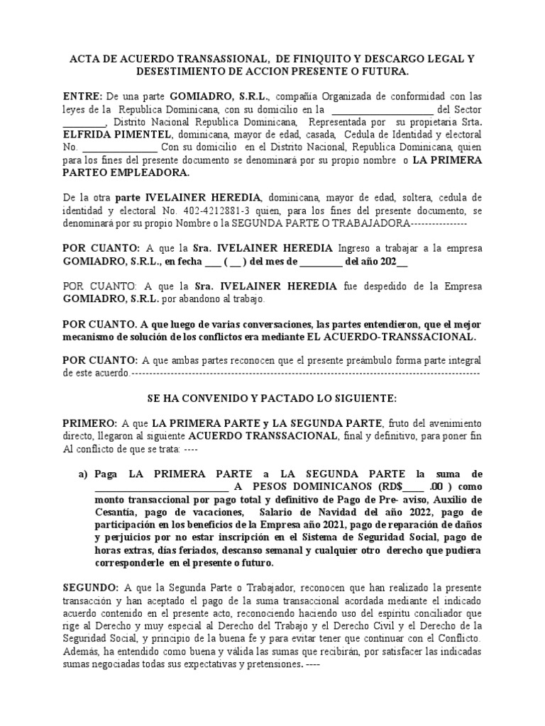 MODELO - Acta de Descargo y Finiquito Legal | PDF