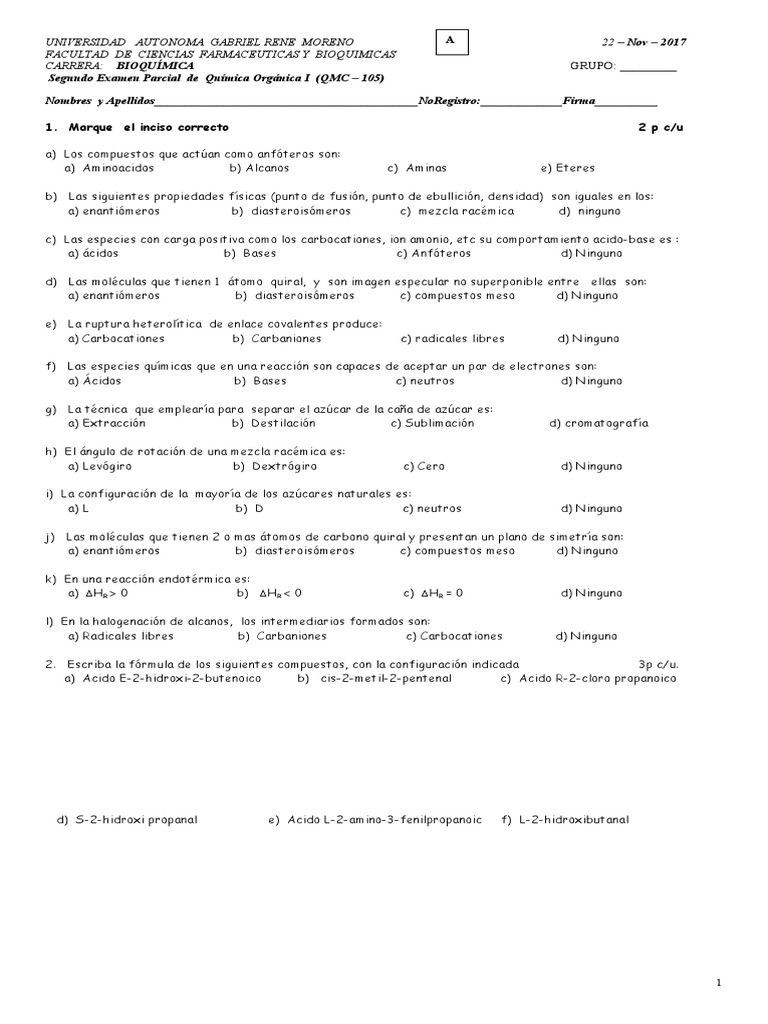 2doexam Parcial QMC 105 2 2017 Bioquimica | PDF | Chiralidad (Química) | Compuestos químicos