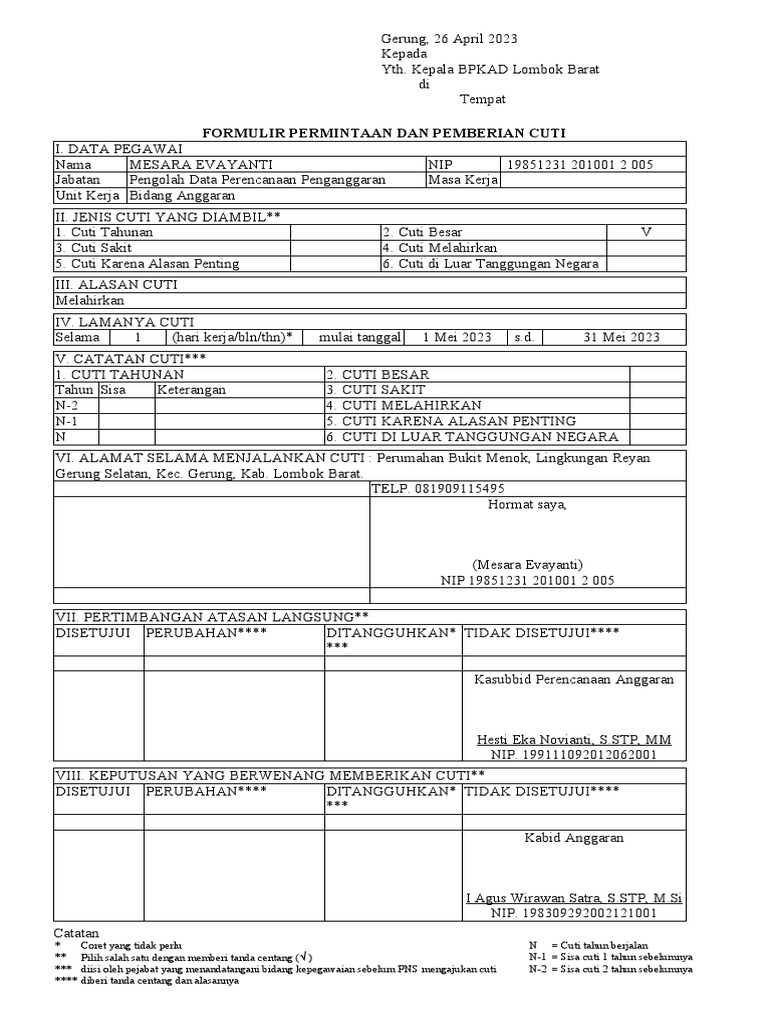 SURAT CUTI BESAR Melahirkan MB Eva | PDF