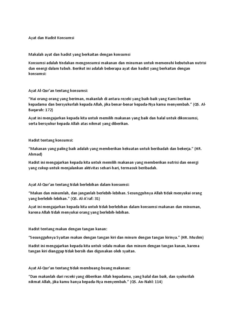 Makalah Ayat Dan Hadits Yang Berkaitan Dengan Konsumsi | PDF