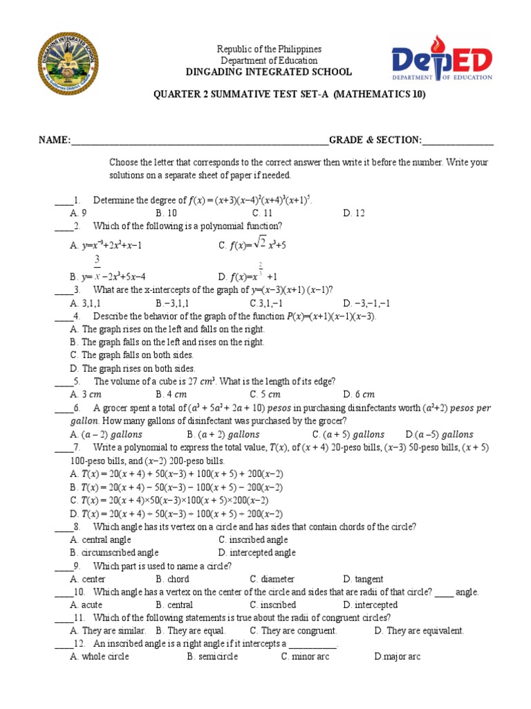 MATH 10 SUMMATIVE Test SET-A Q2 2021 | PDF | Circle | Angle