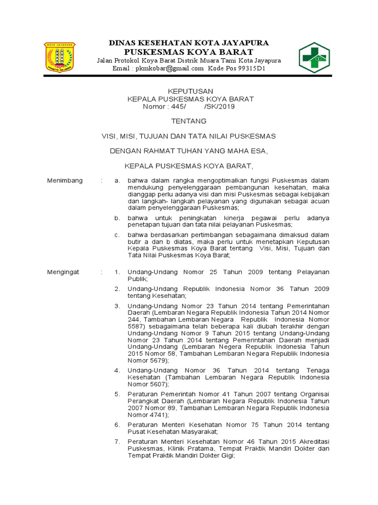SK Visi, Misi, Tujuan Dan Tata Nilai Puskesmas | PDF