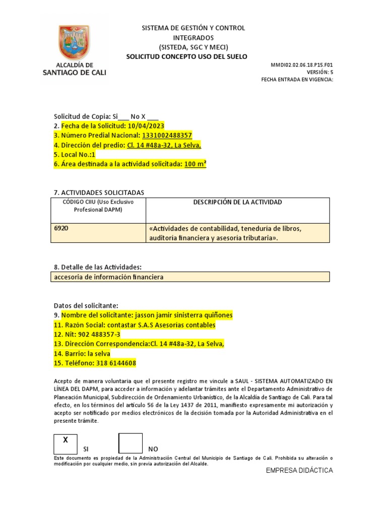 Solicitud Concepto Uso Del Suelo Pdf Contabilidad 1088