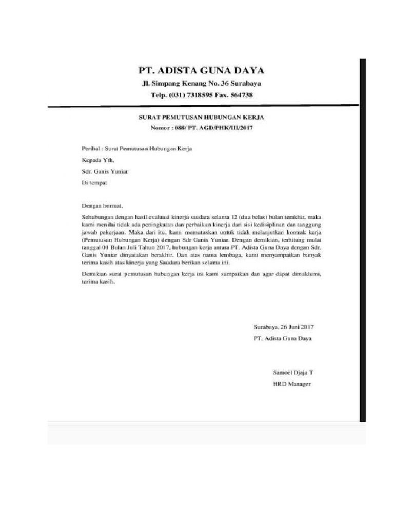 contoh surat pemutusan hubungan kerja | PDF