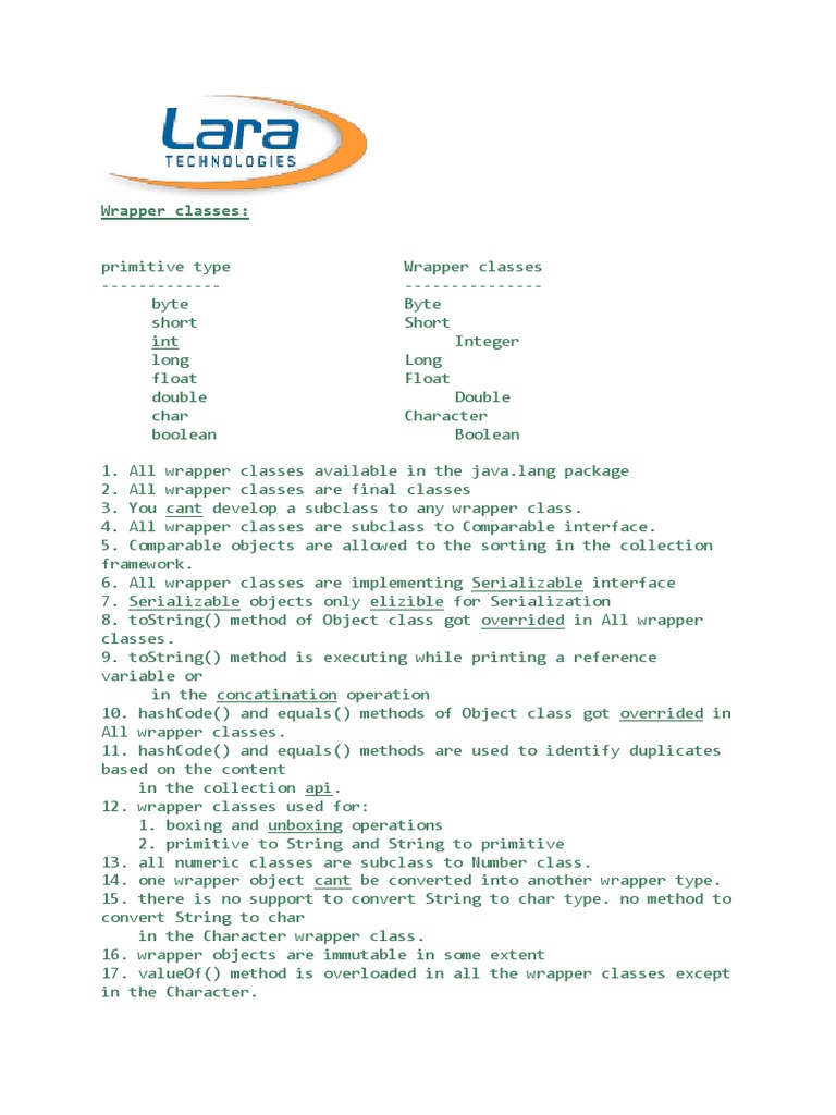 Lara Wrapper Classes Pdf Pdf Class Computer Programming Parameter Computer Programming