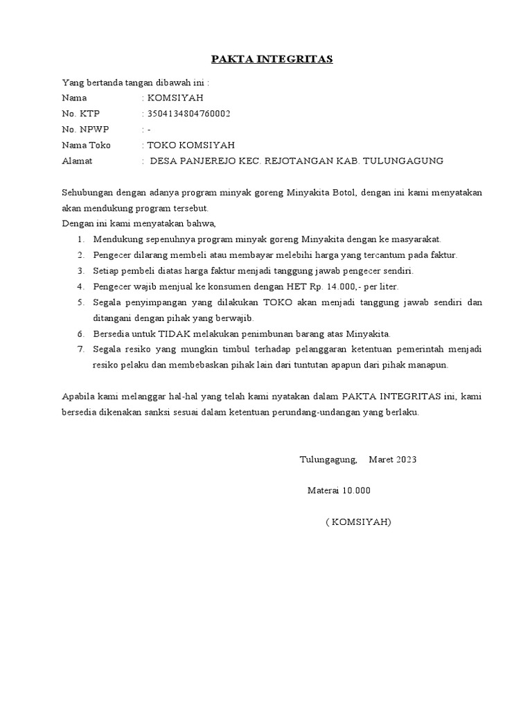 Pakta Integritas | PDF
