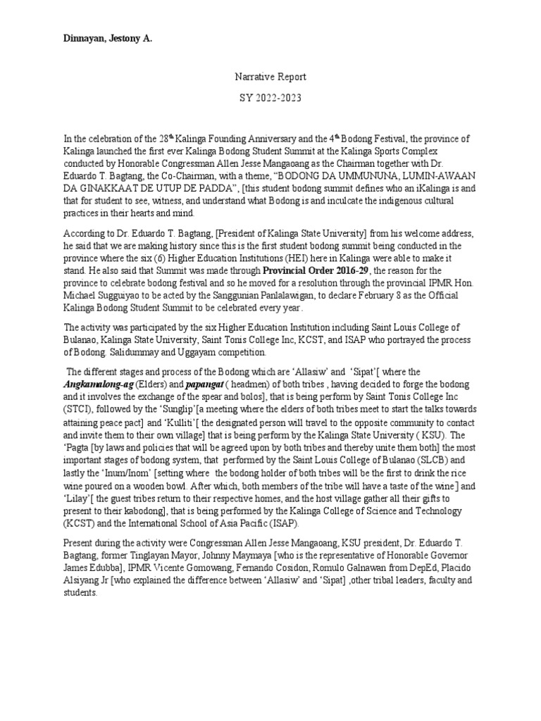 Narrative Report Bodong | PDF