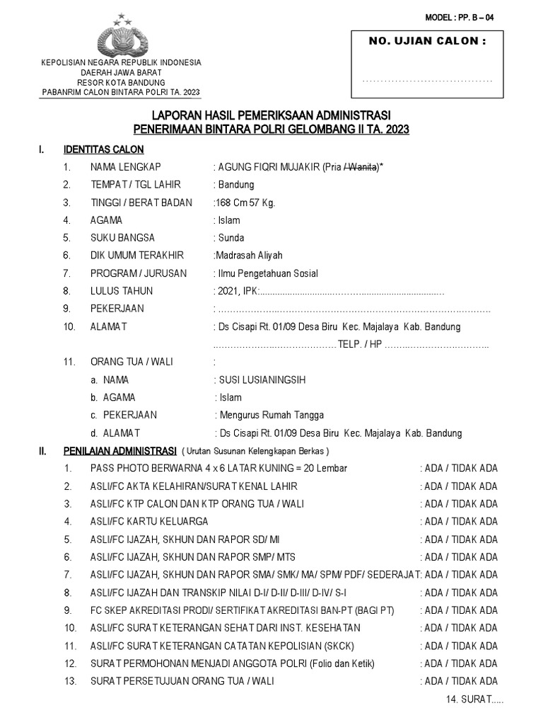 Blanko Laporan Hasil Rikmin Bintara Polri 2023 2 | PDF