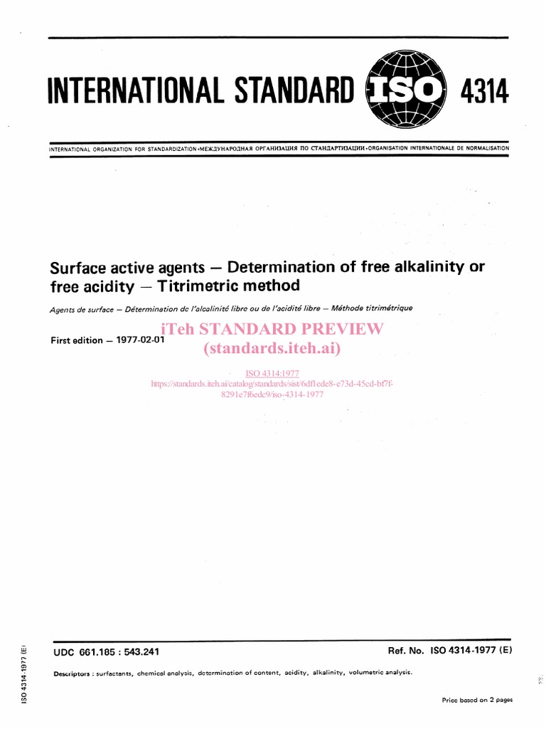 Iso 4314-1977 - Surface Active Agents - Determination of Free Alkalinity or Free Acidity ...