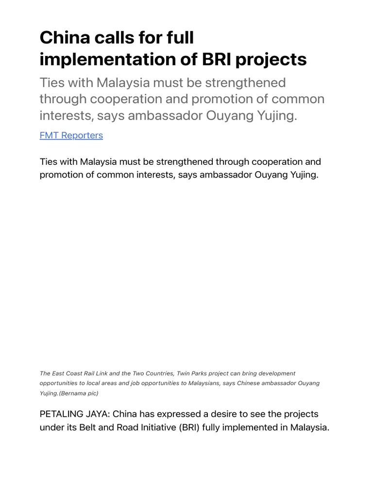 China Calls For Full Implementation of BRI Projects Free Malaysia Today ...