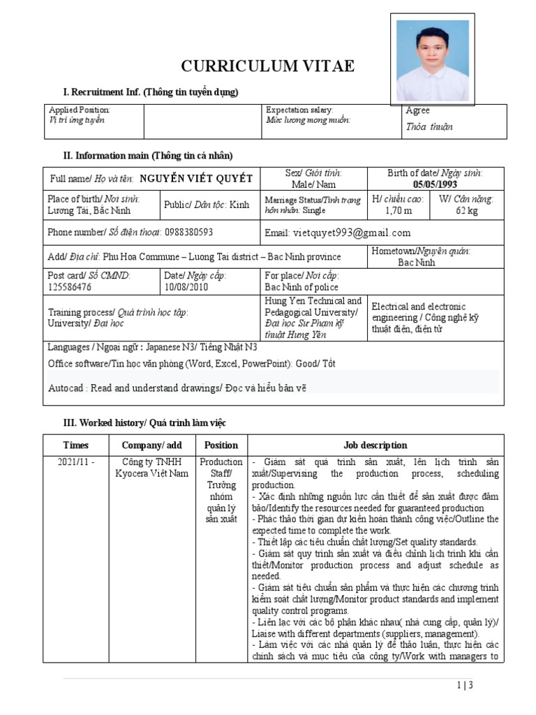 CV Nguyen Viet Quyet - 1 | PDF