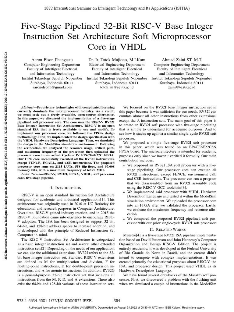 Five-Stage Pipelined 32-Bit RISC-V Base Integer Instruction Set Architecture Soft Microprocessor ...