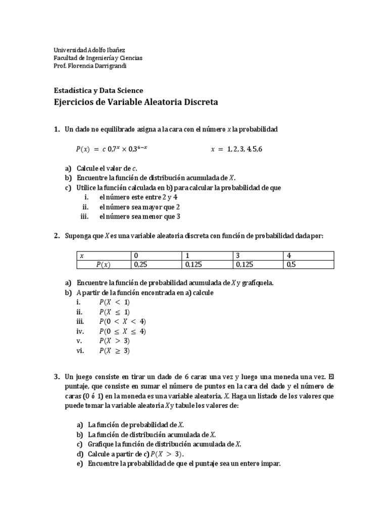 Ejercicios de Variable Aleatoria Discreta PDF | PDF | Variable aleatoria | Desviación Estándar
