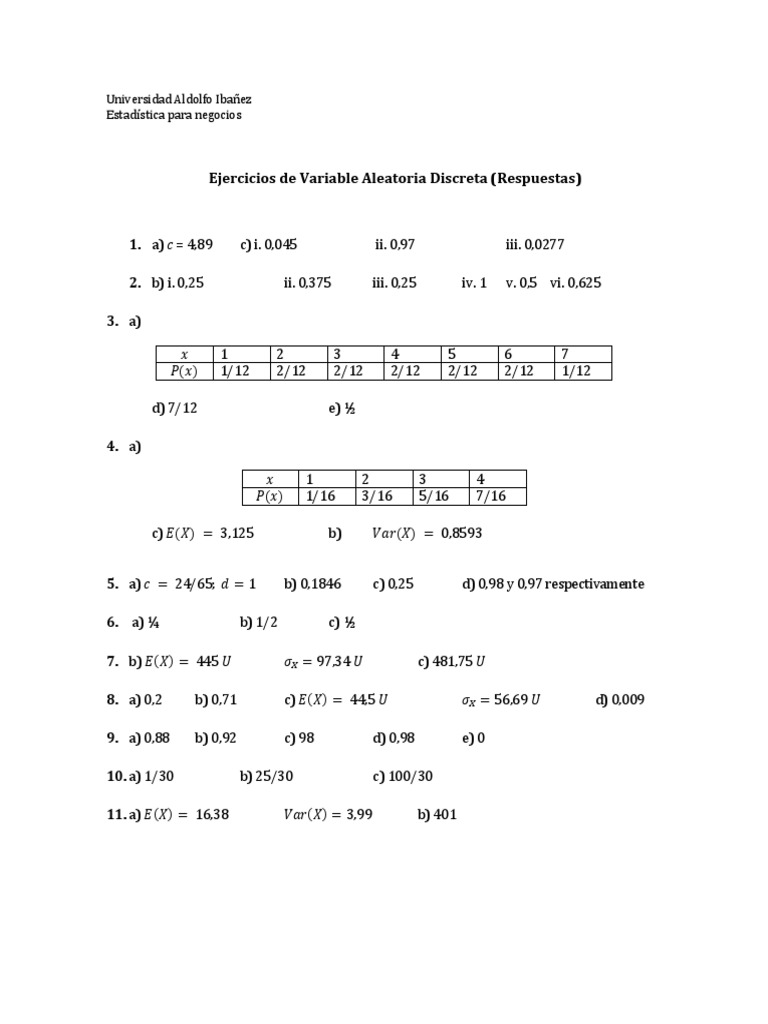 Respuestas - Ejercicios de Variable Aleatoria Discreta PDF | PDF | Métodos y materiales de enseñanza