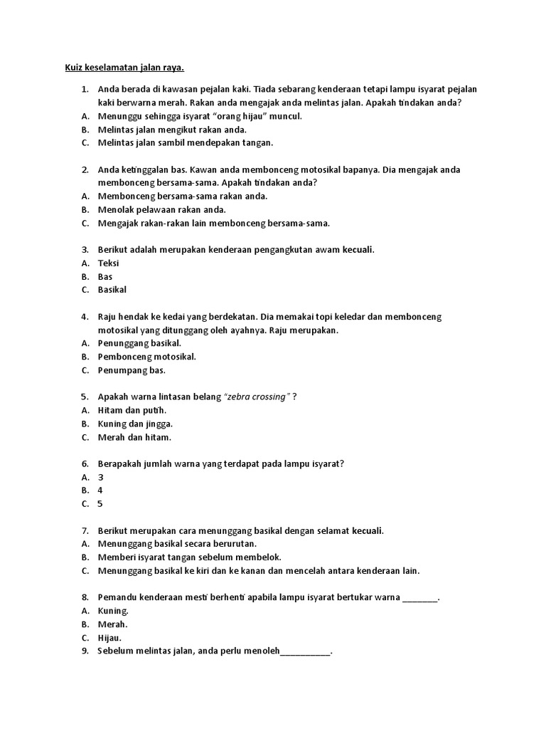 Dokumen - Tips Soalan Kuiz Keselamatan Jalan Raya | PDF
