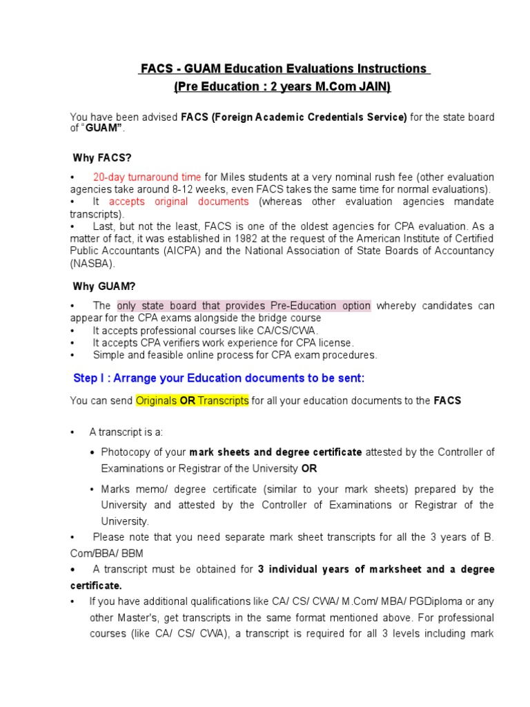 FACS - Guam (GU) (Pre-Education) - M. Com - Mumbai | PDF | Certified ...