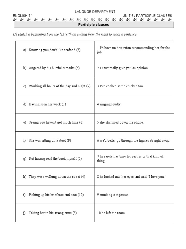 Participle Exercises (7th) | PDF