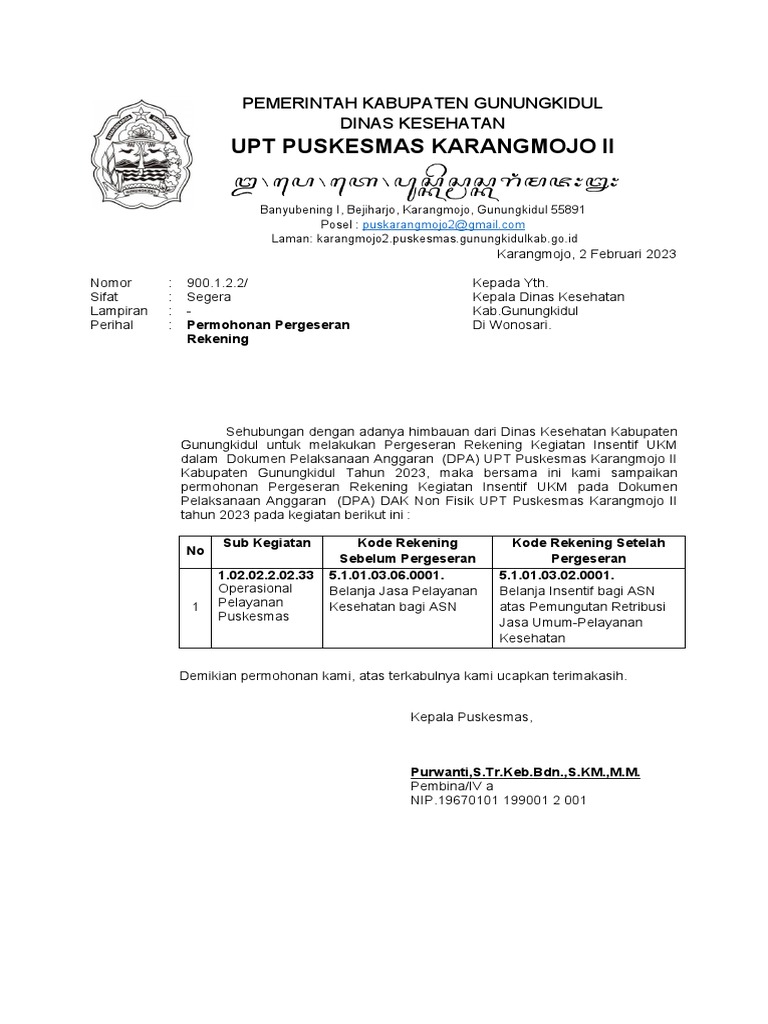 Surat Usulan Pergeseran BOK | PDF
