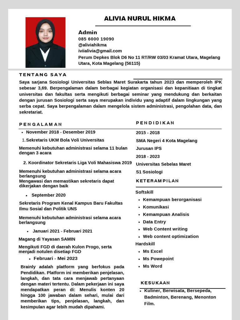 CV Alivia Nurul Hikma | PDF