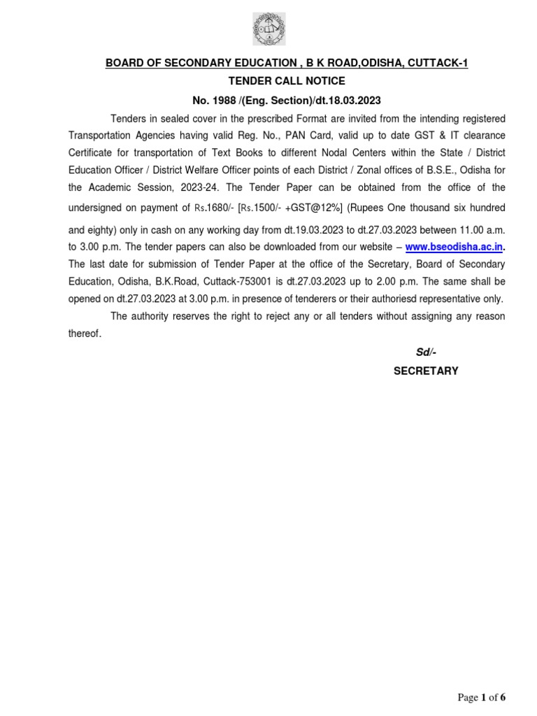 Tender For Transportation of Text Books 2023 24 | PDF | Taxes | Driver ...