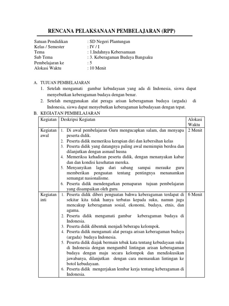 RPP Kelas 4 Tema 1 Subtema 3 Pembelajaran 5 PDF | PDF | Karier & Perkembangan | Sains & Matematika