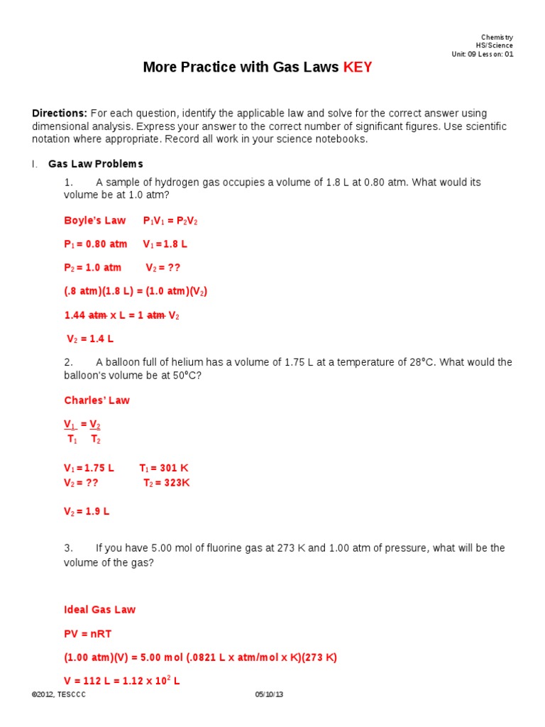 12 - sch0901d - More Practice With Gas Laws Key PDF | PDF | Gases ...